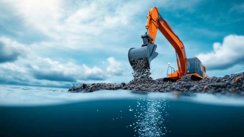 Excavator Dropping Rocks into the Sea Under Dramatic Clouds. Concept of ...