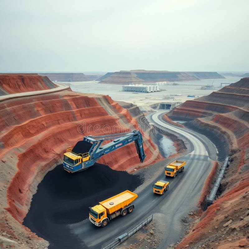 Excavator and Dump Truck Working in Deep Open-Pit Mine Stock Image ...