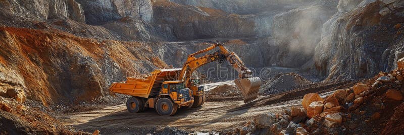 Excavator and Dump Truck Working in a Quarry a Large Excavator is ...