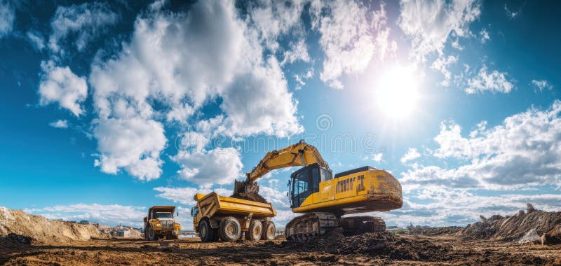 The Excavator and Dump Truck Working Together on a Construction Site AI ...
