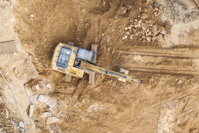 Excavator on Earthmoving at Construction Site, Aerial View Stock Image ...