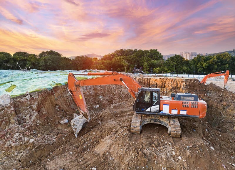 Excavator on Earthmoving at Construction Site Stock Image - Image of ...