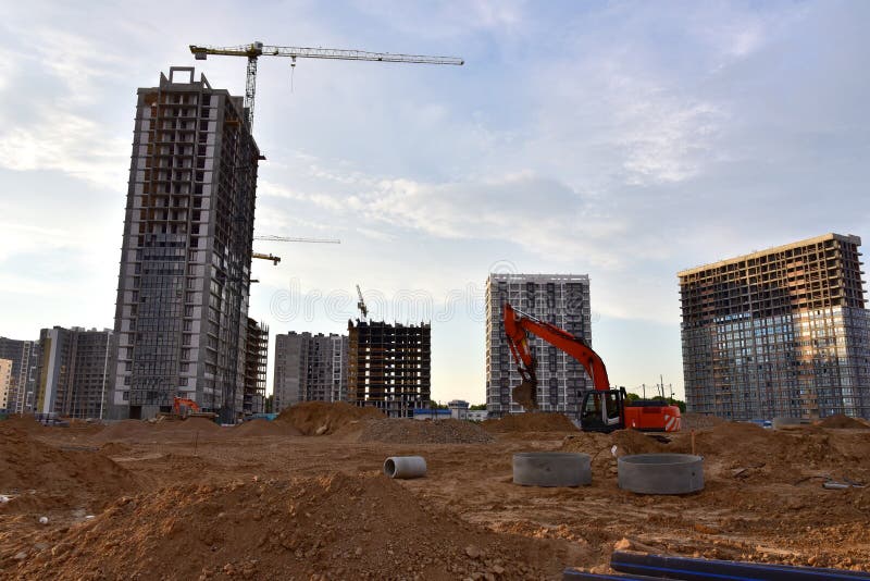 Excavator on Earthmoving at Construction Site. Road Work and Dig Pit ...