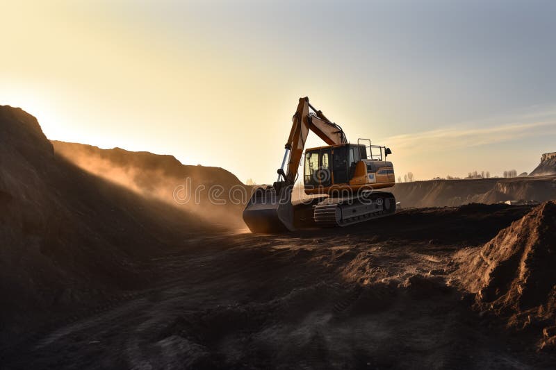 Excavator on Earthmoving at Open Pit Mining on Sunset. Stock ...