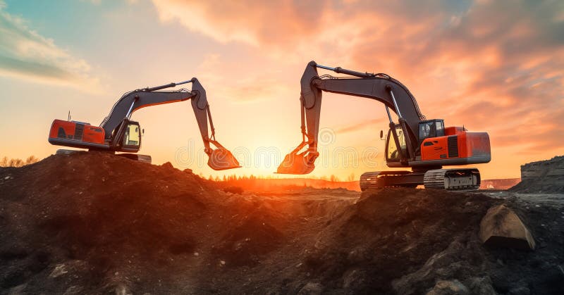 Excavator on Earthmoving at Open Pit Mining on Sunset Stock ...