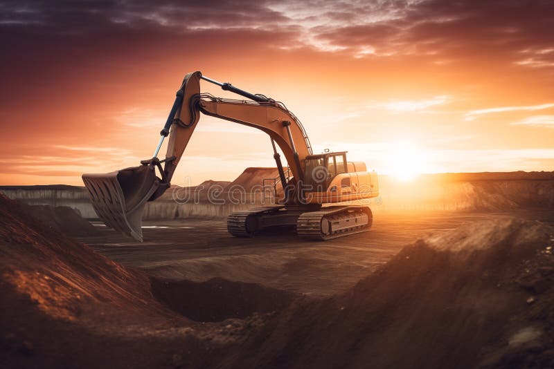 Excavator on Earthmoving at Open Pit Mining on Sunset. Stock ...