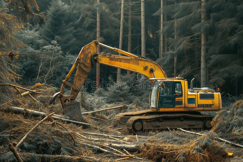 Excavator among Fallen Trees in a Deforestation Zone Stock Photo ...