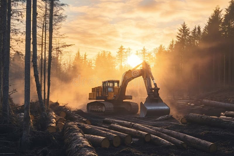 Excavator Gathering Logs in Deforested Area at Sunset Stock Image ...