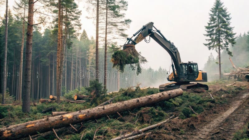 Excavator Harvesting Timber in Misty Forest Stock Illustration ...