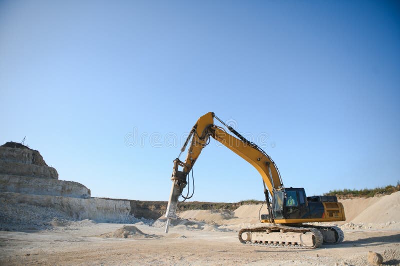 Excavator with Hydraulic Hammer on Road Construction Works Stock Photo ...
