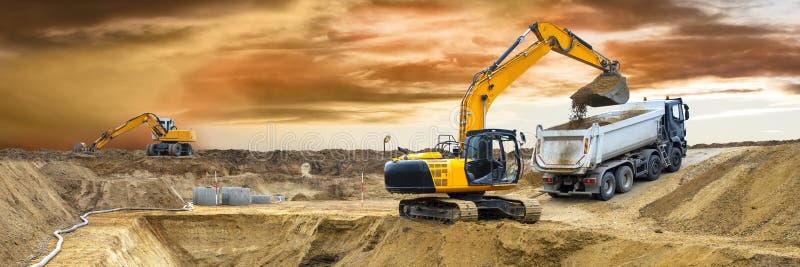 Excavator Ist Digging and Working at Construction Site. Stock Photo ...