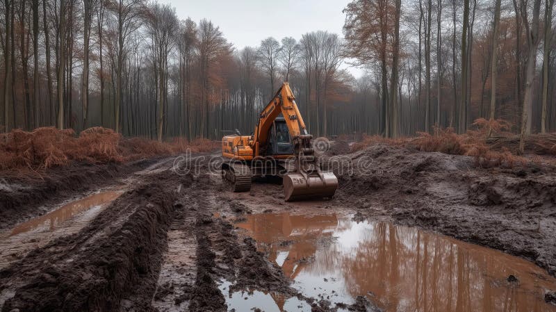Excavator Leaving Muddy Tracks in Forest Clearing during Forestry Work ...