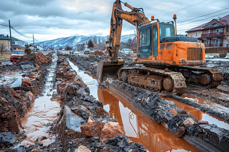 Excavator Preparing Foundation, Panoramic View of Ground Leveling at ...