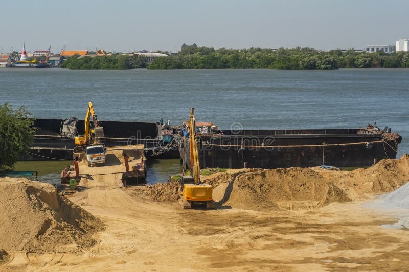 An Excavator is Loaded into a River Vessel Barges Sand Soil ...