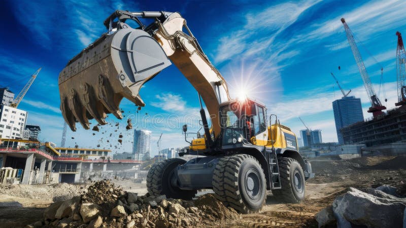 Excavator Loader with Raised Bucket on Construction Site Under Blue Sky ...