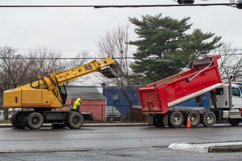 Excavator Loading Big Dump Truck Stock Photo - Image of road ...