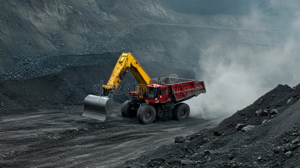 Excavator Loading Coal in Open Pit Mine Heavy Machinery Industrial ...