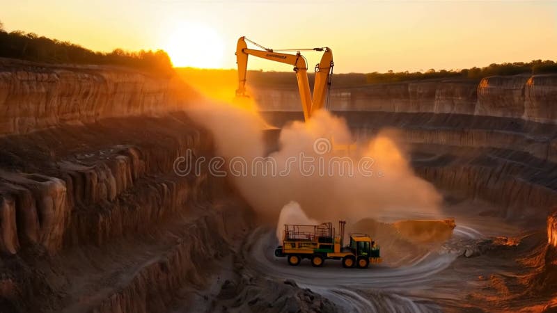 Excavator Loading Dump Truck in Quarry at Sunset Dust Cloud Stock ...
