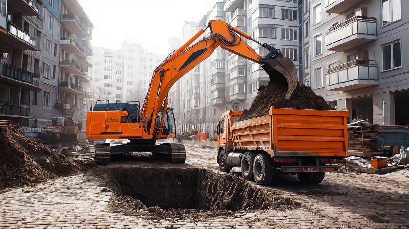 Excavator Loading Dump Truck with Soil at Construction Site in City ...