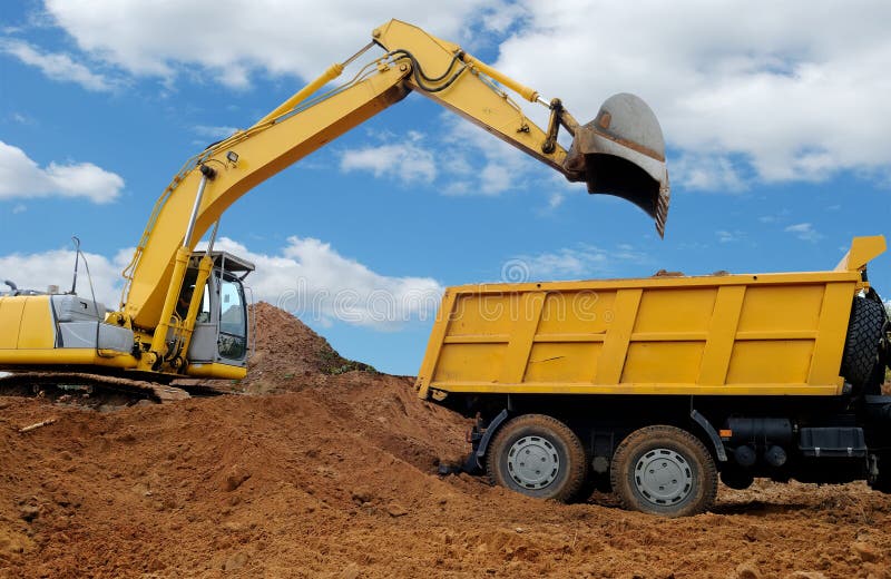 Excavator Loading Dumper Truck Stock Photo - Image of cast, horizontal ...