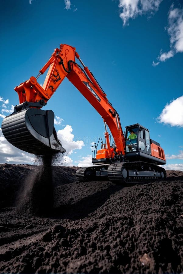 Excavator Loading Earth on Construction Site Under Blue Sky Stock Image ...