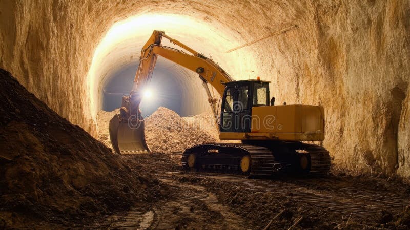 Excavator Loading Ground in a Tunnel Construction Site Stock Photo ...