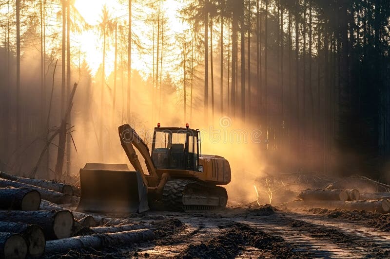 Excavator Loading Logs in Forest at Sunset Creating Dust Cloud Stock ...