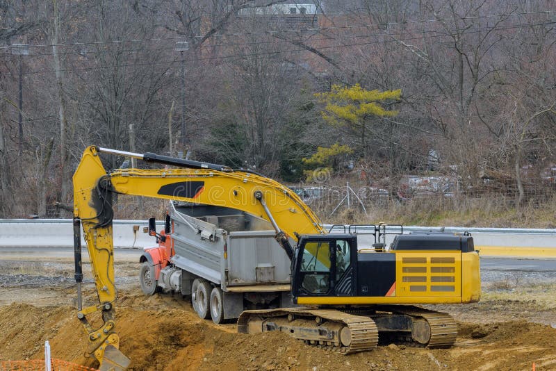 Excavator Loading Sand into a Dump Truck Stock Image - Image of work ...