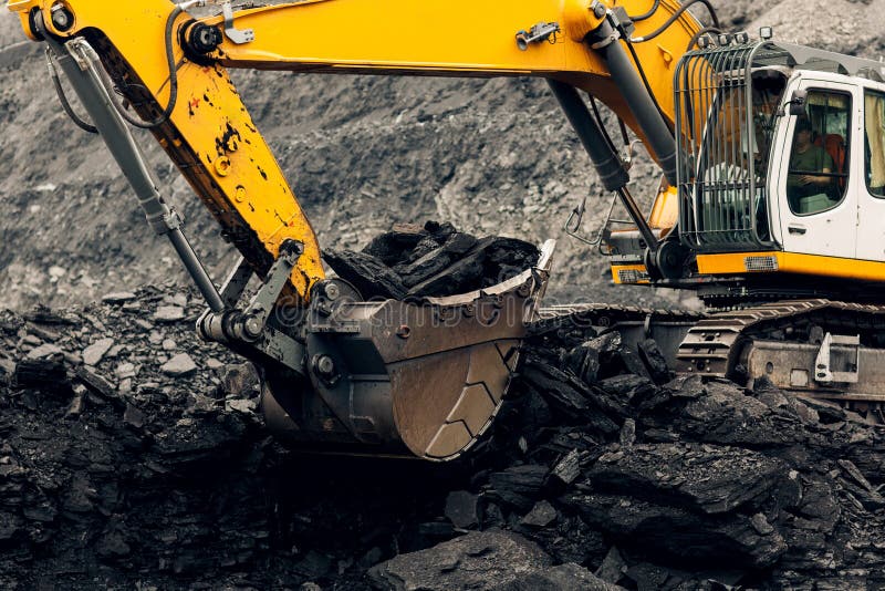 Excavator Loads Coal into the Back of a Heavy Mining Dump Truck. Stock ...