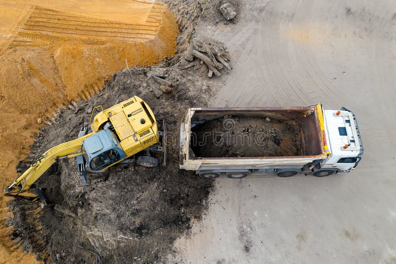Excavator Loads Sand in a Truck Top View Stock Image - Image of sand ...