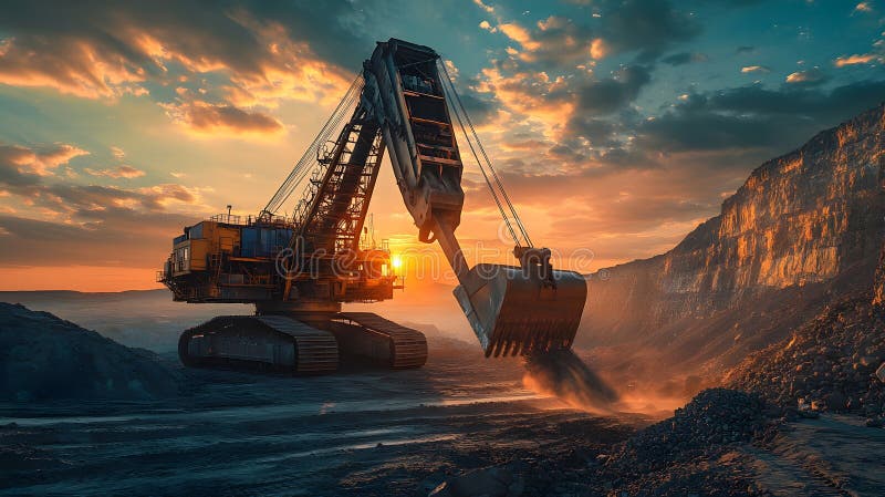 Excavator Machine Operating in a Quarry at Sunset Stock Illustration ...