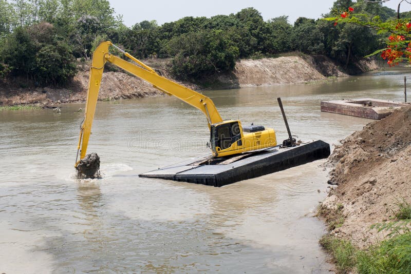 Excavator Machine Works at River Stock Photo - Image of group, flood ...