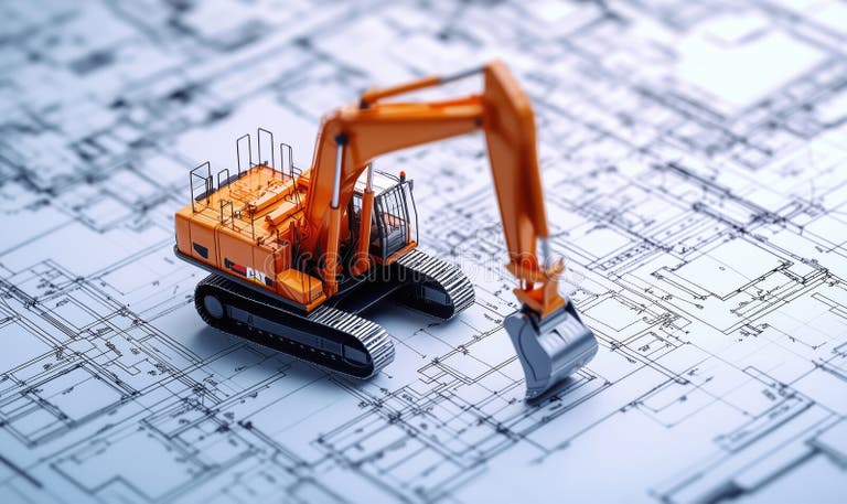 Excavator Model on Construction Blueprints for Engineering and Design ...