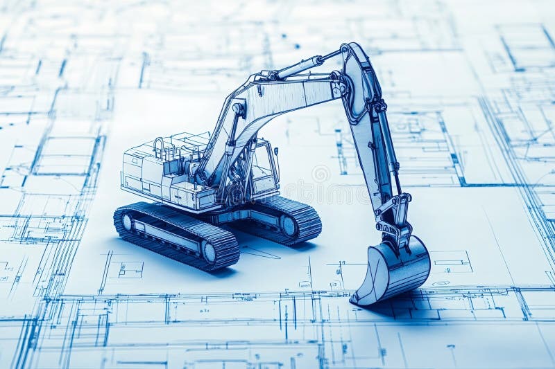 Excavator Model Standing on Construction Plan Blueprint Stock Photo ...