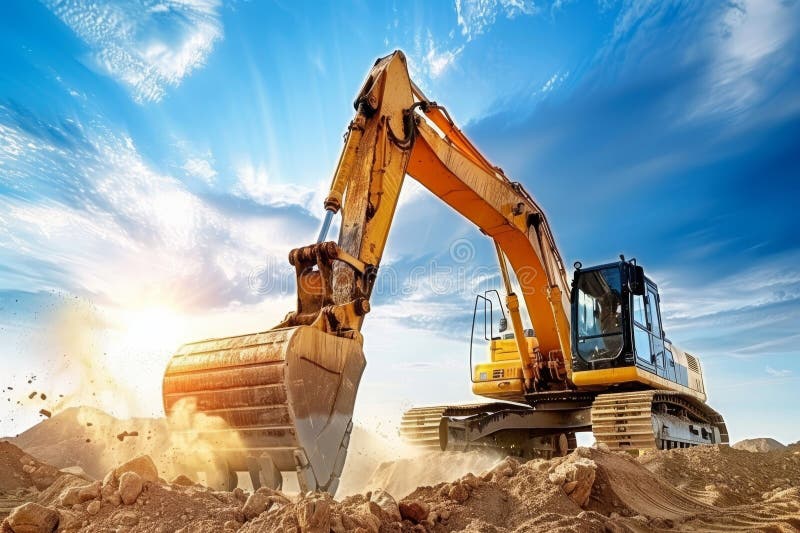 Excavator in Motion at a Construction Site Under a Bright Blue Sky with Flying Dust and Debris ...