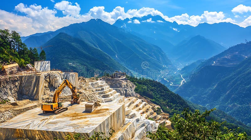 Excavator in Mountain Quarry Extracting Large Marble Blocks Stock Image ...