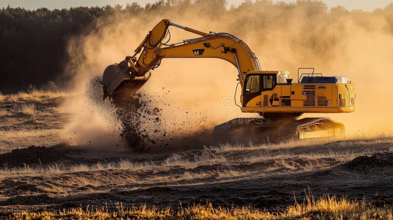 Excavator Moving Earth and Creating Dust Cloud at Construction Site ...