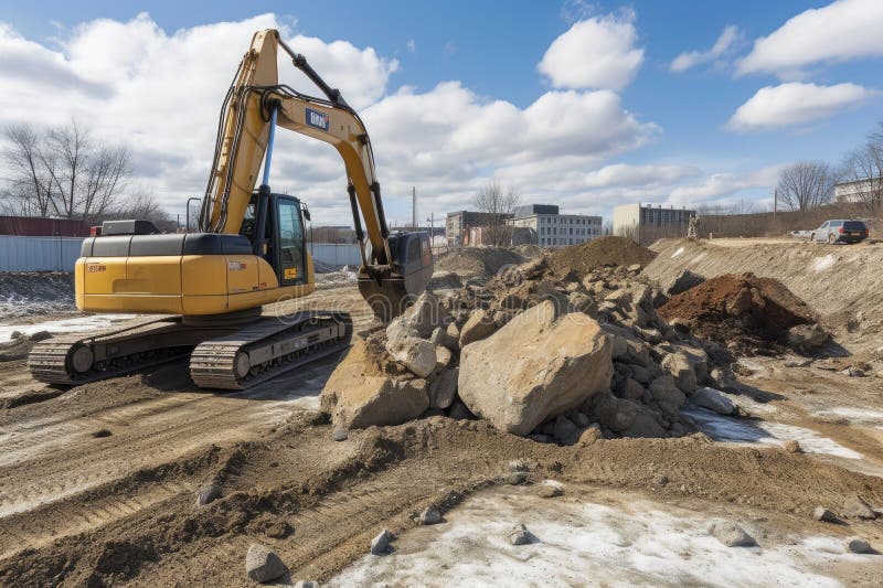 Excavator Moving Large Rocks and Debris in Construction Site Stock ...