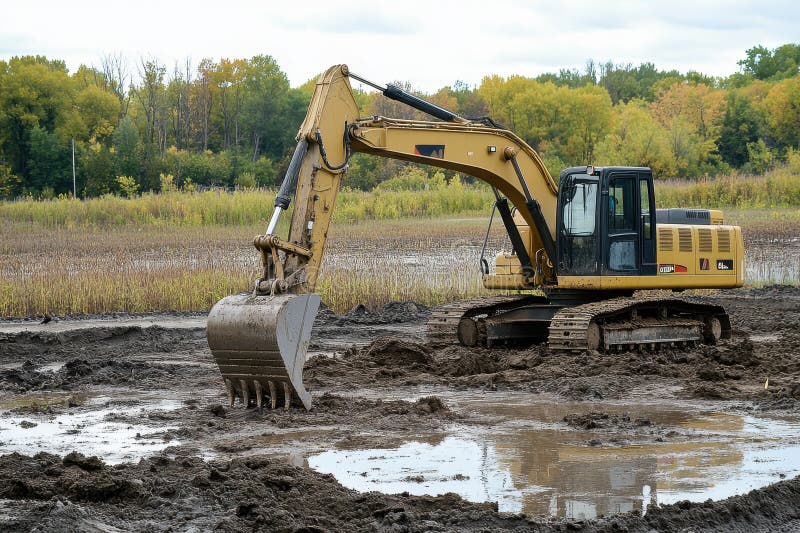 Excavator in a Mud Pit with Reflections Stock Illustration ...