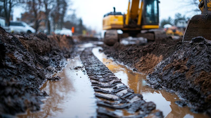 Excavator and Muddy Trench at a Construction Site. Stock Photo - Image ...