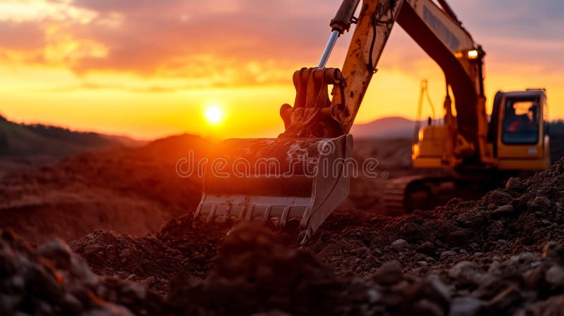 Excavator in Open Pit Mining Excavator on Earthmoving on Sunset Stock Image - Image of ...