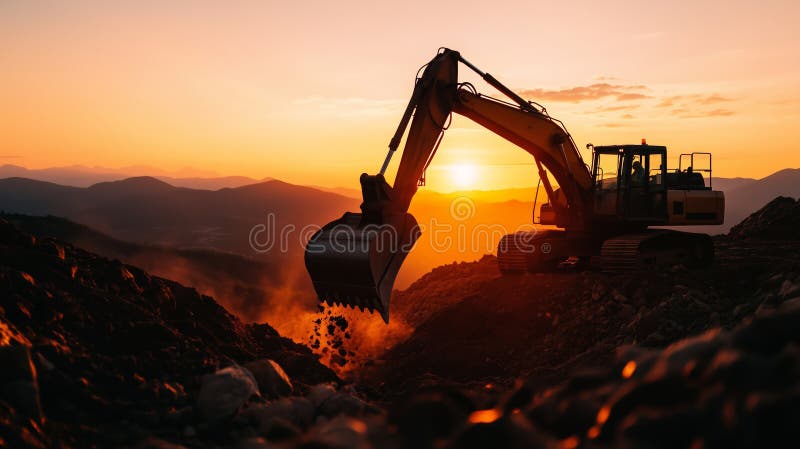 Excavator in Open Pit Mining Excavator on Earthmoving on Sunset Stock ...