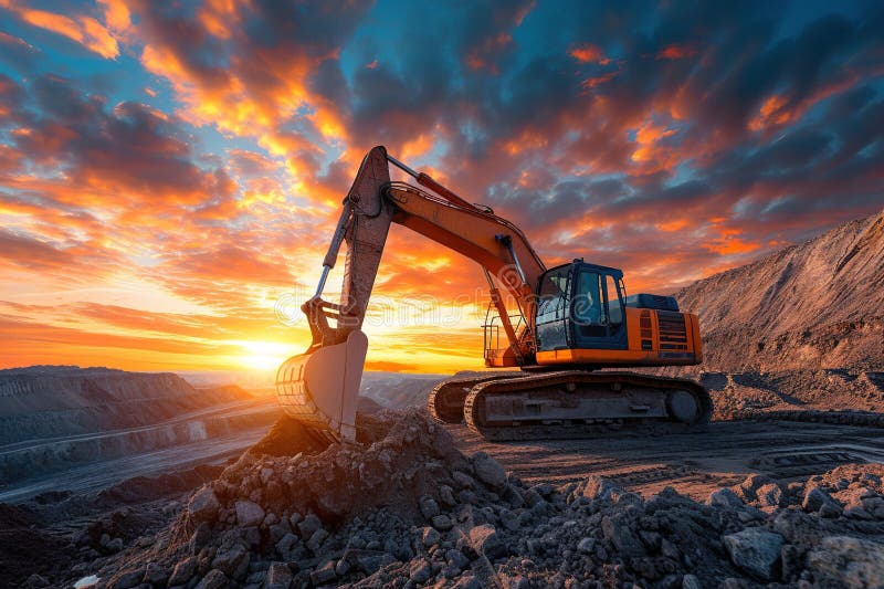 Excavator in Open Pit Mining on Sunset. Generative AI Stock ...