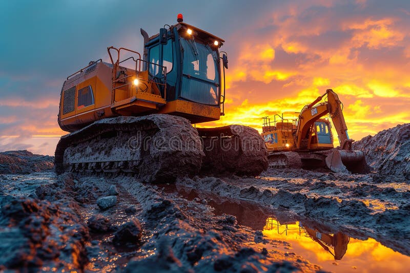 Excavator in Open Pit Mining on Sunset. Generative AI Stock ...