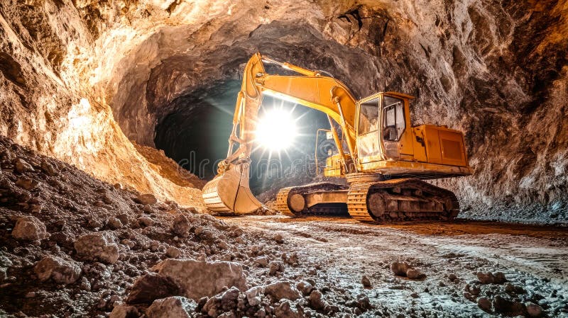 An Excavator Operates Effectively within a Deep Mine, Illuminating the ...