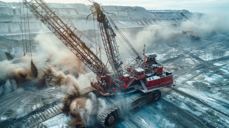 Excavator Operates in a Mining Site Creating Dust and Debris during the ...