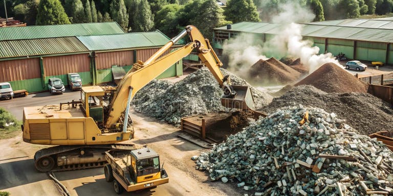 Excavator Loading Raw Material at Junkyard with Smoke Rising ...