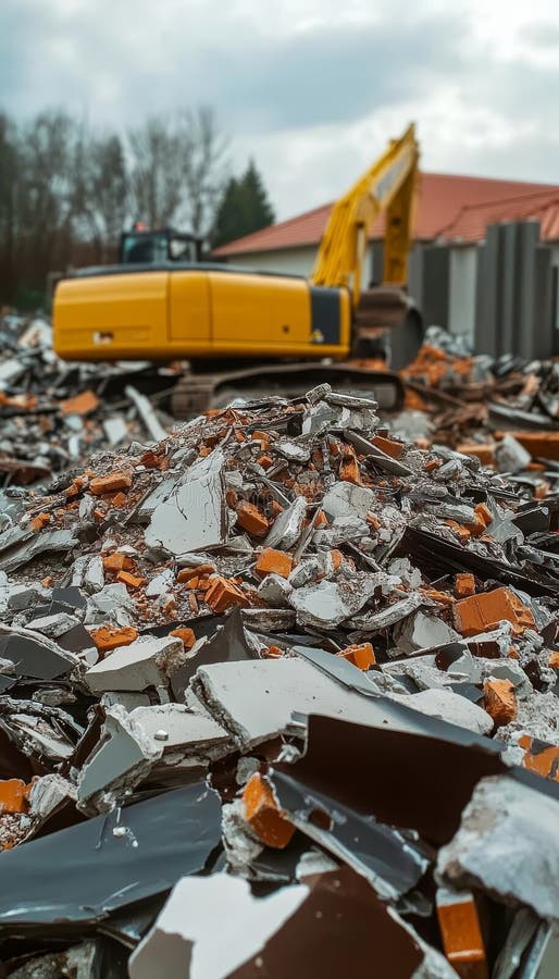 Excavator Operating Amongst Rubble and Debris, Representing ...