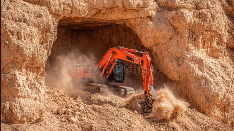 Excavator Operating in Dusty Quarry Environment with Rock Formation ...