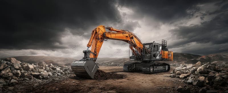 The Excavator Operating on a Rugged Construction Site Under Dramatic ...